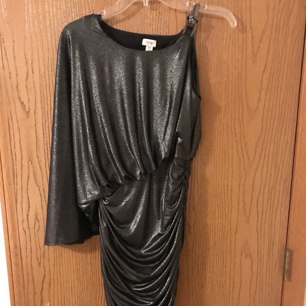 Cache Metallic Gray Silver Cape Sleeve Dress 2 - Gem